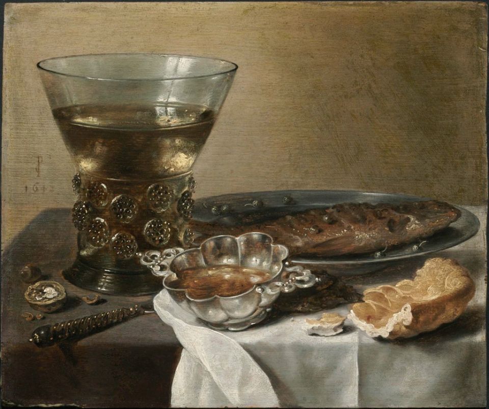 Still Life with Silver Brandy Bowl, Wine Glass, Herring and Bread, 1642 ...